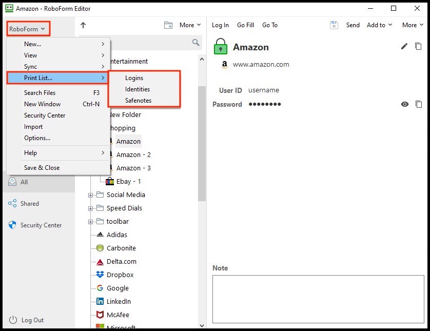How do I print my RoboForm data – RoboForm
